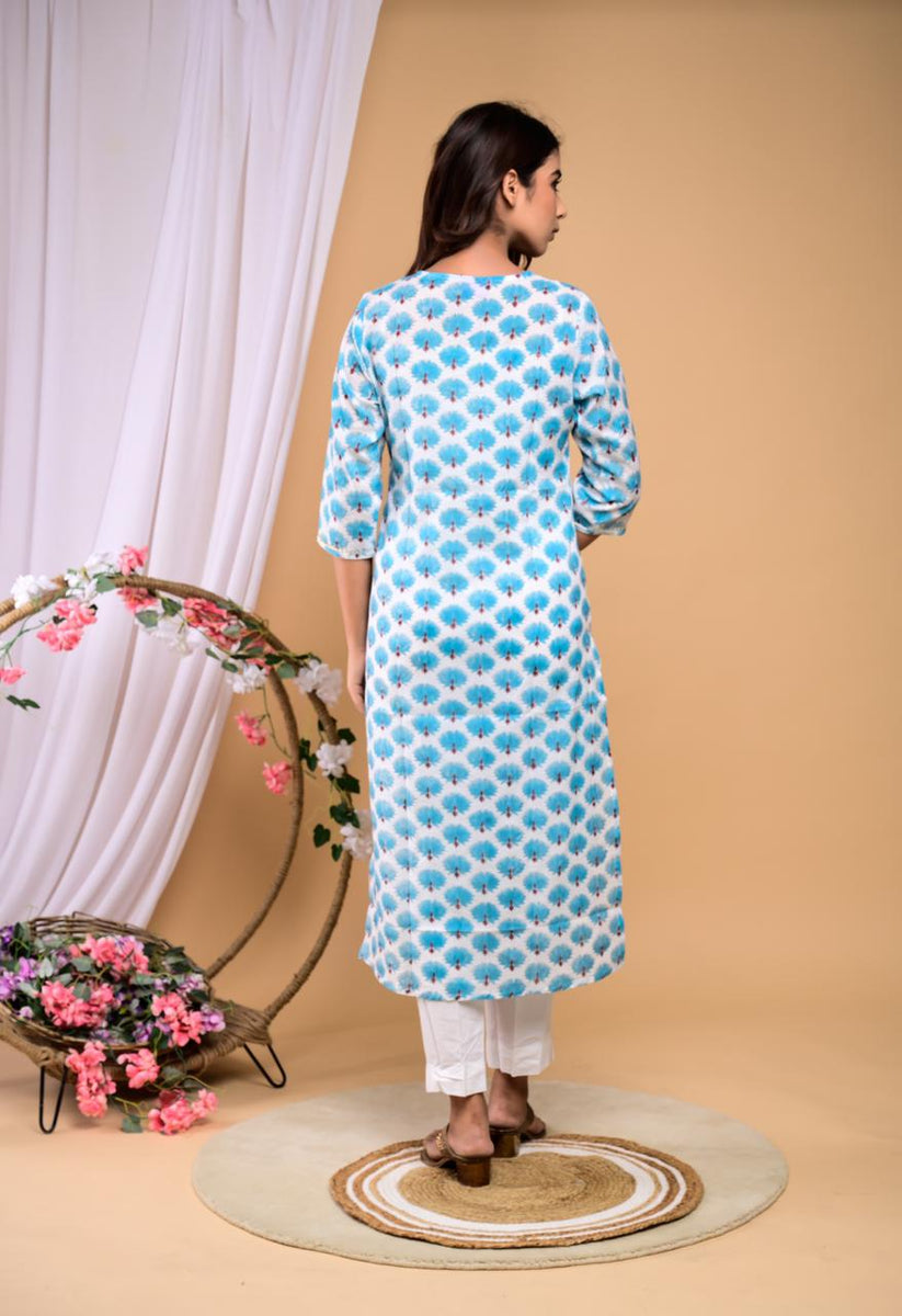 Arctic Blue - Hand Block Printed Cotton Kurti – Preppy Apparels